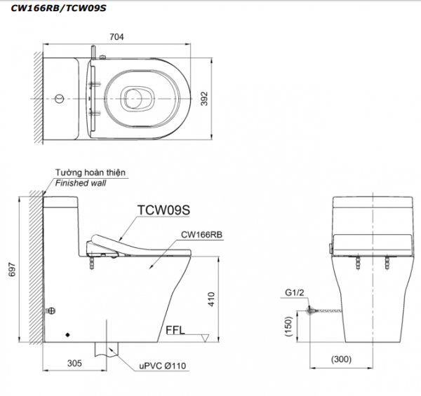 Bồn cầu E5 TOTO CW166RB một khối nắp rửa cơ chính hãng